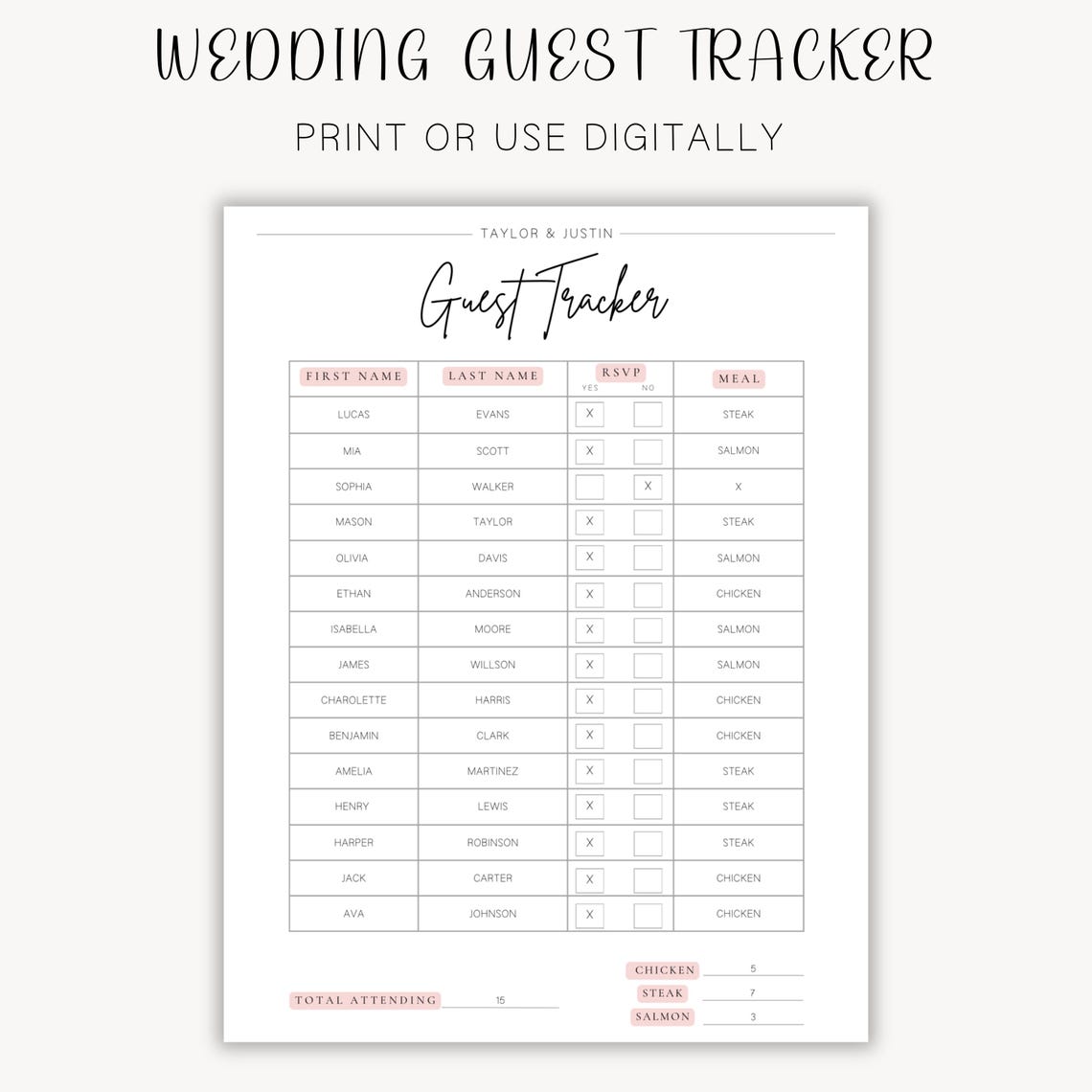Wedding Guest List Tracker, Printable Guest Checklist for Wedding ...