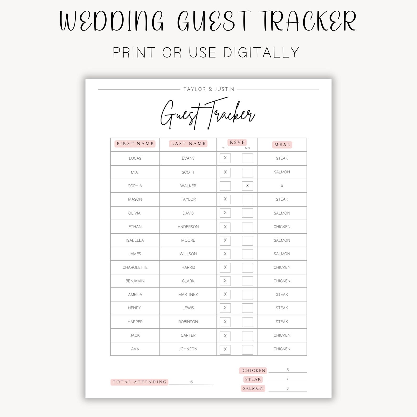 Wedding Guest List Tracker, Printable Guest Checklist for Wedding ...