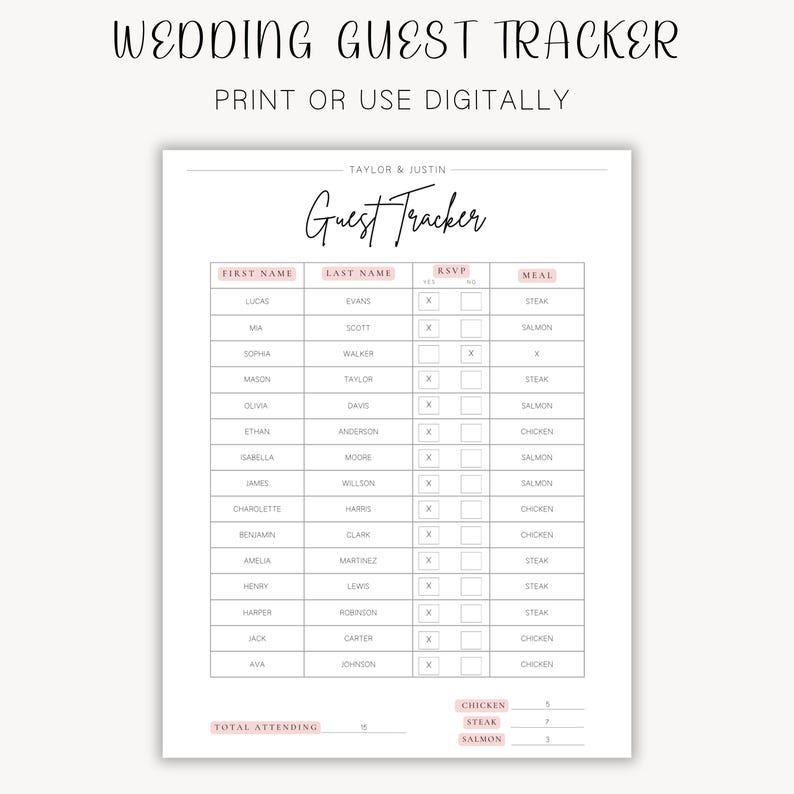 Wedding Guest List Tracker, Printable Guest Checklist for Wedding ...