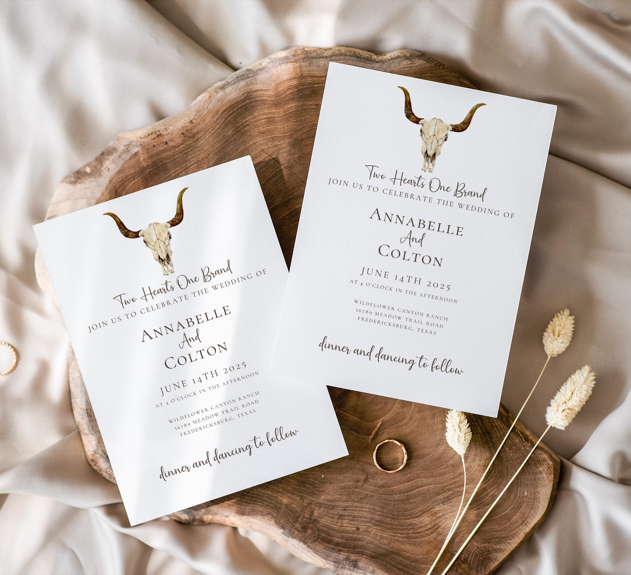 Western Boho Wedding Invitation Suite, Editable Template, Longhorn ...