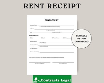 Landlord Rent Receipt Template, Tenant Rental Receipt PDF Canva, Editable Rent Payment Form ...