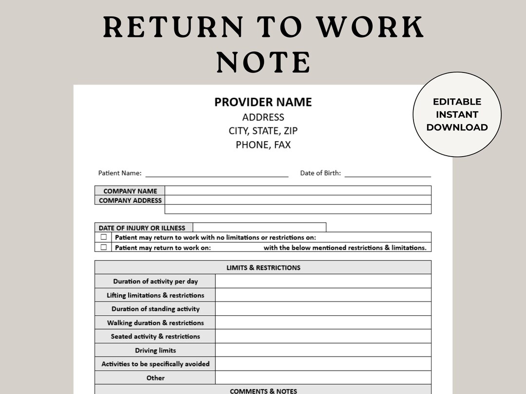 Return to Work Note, Excuse Letter, Doctor Excuse, Work Excuse, Excuse ...