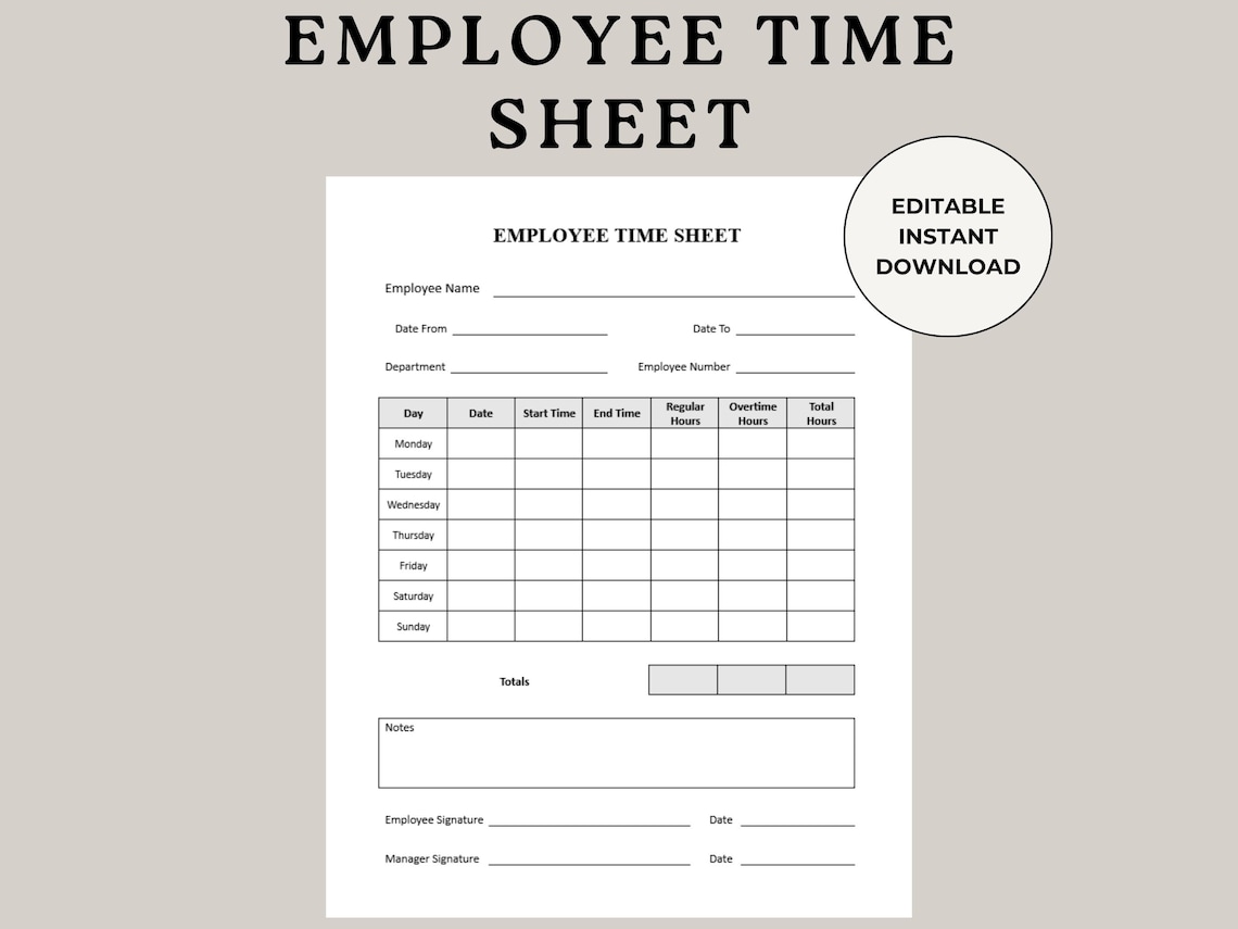 Employee Time Sheet, Editable Time Sheet, Timecard, Printable Timesheet ...