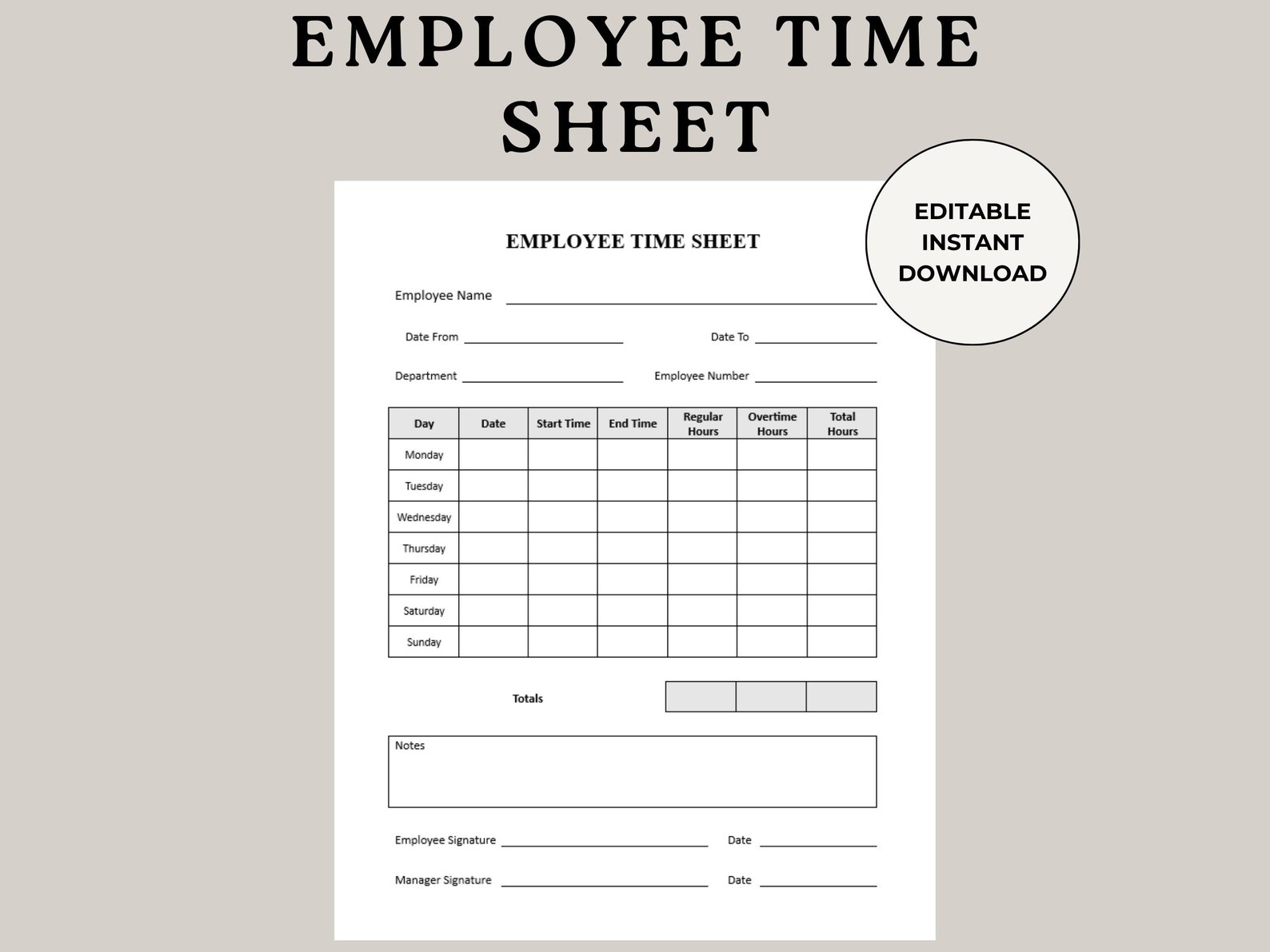 Employee Time Sheet, Editable Time Sheet, Timecard, Printable Timesheet ...
