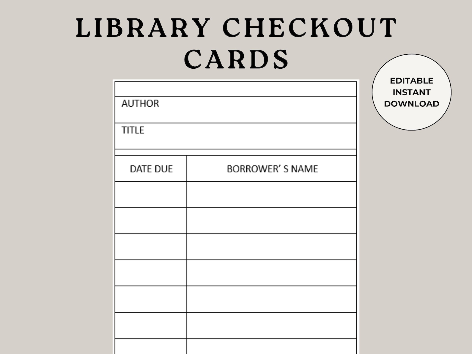 Library Checkout Cards, Library Due Card, Library Due Date, Library ...