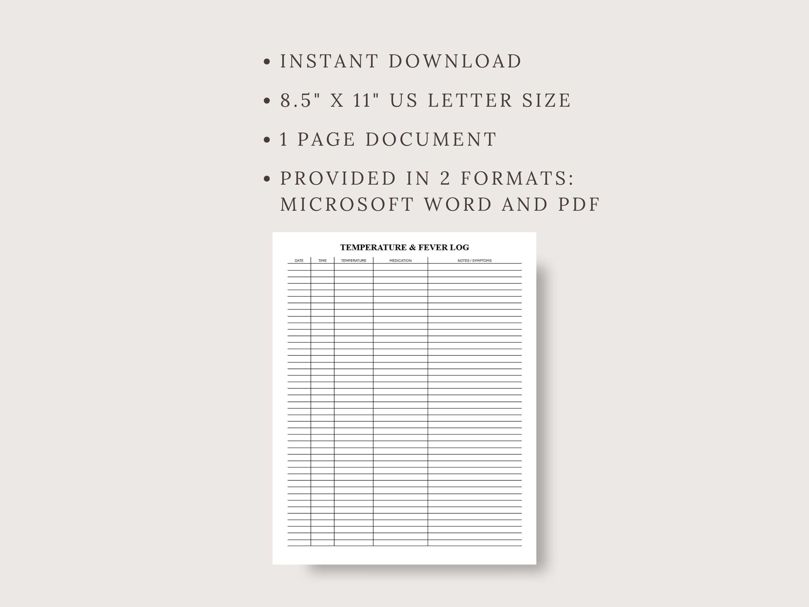 Temperature Log, Temperature Record, Temperature Sheet, Temperature ...