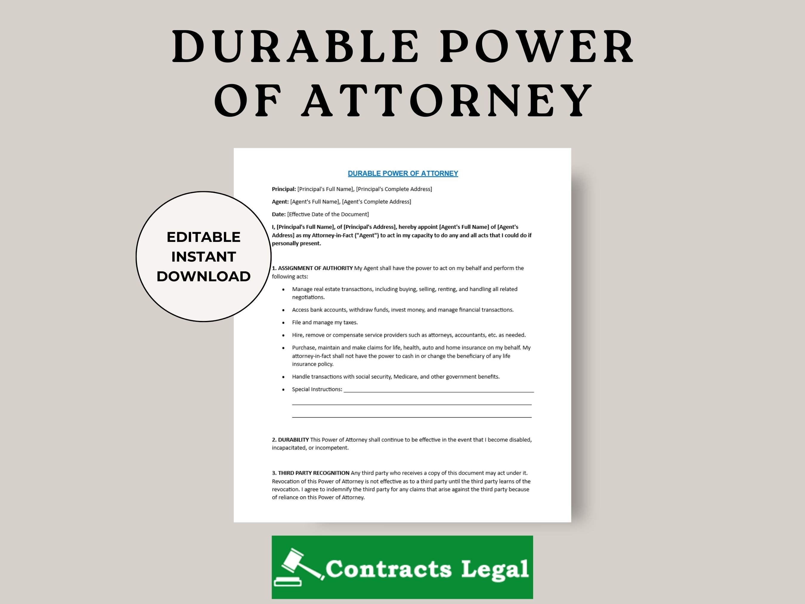 Durable Power of Attorney, Durable Power of Attorney Template, Editable ...