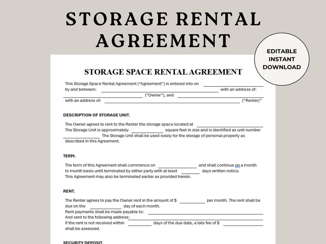 Storage Rental Agreement, Lease Form, Storage Unit, Self-storage ...