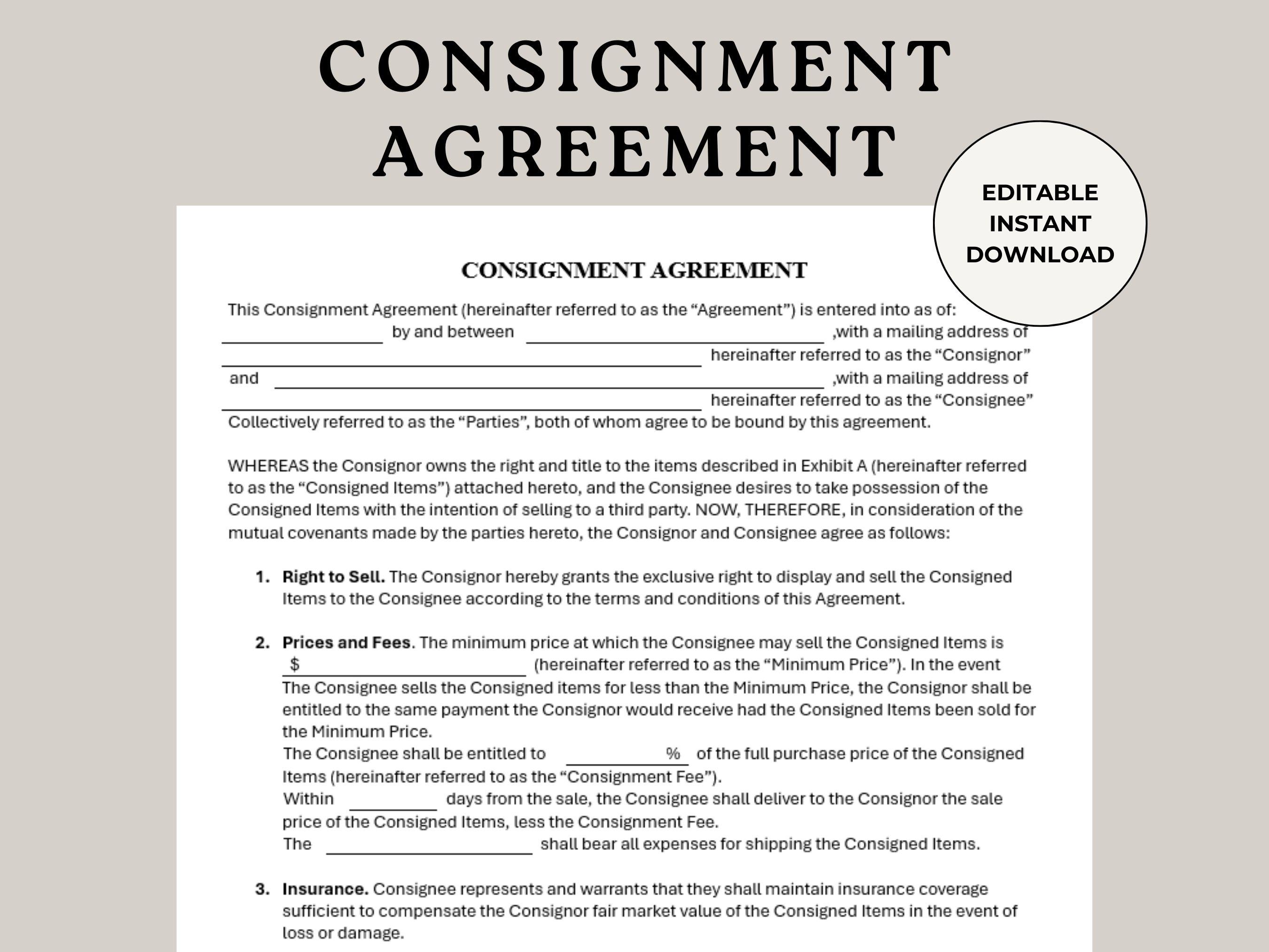 Consignment Agreement, Consignee Agreement, Consignment Contract ...