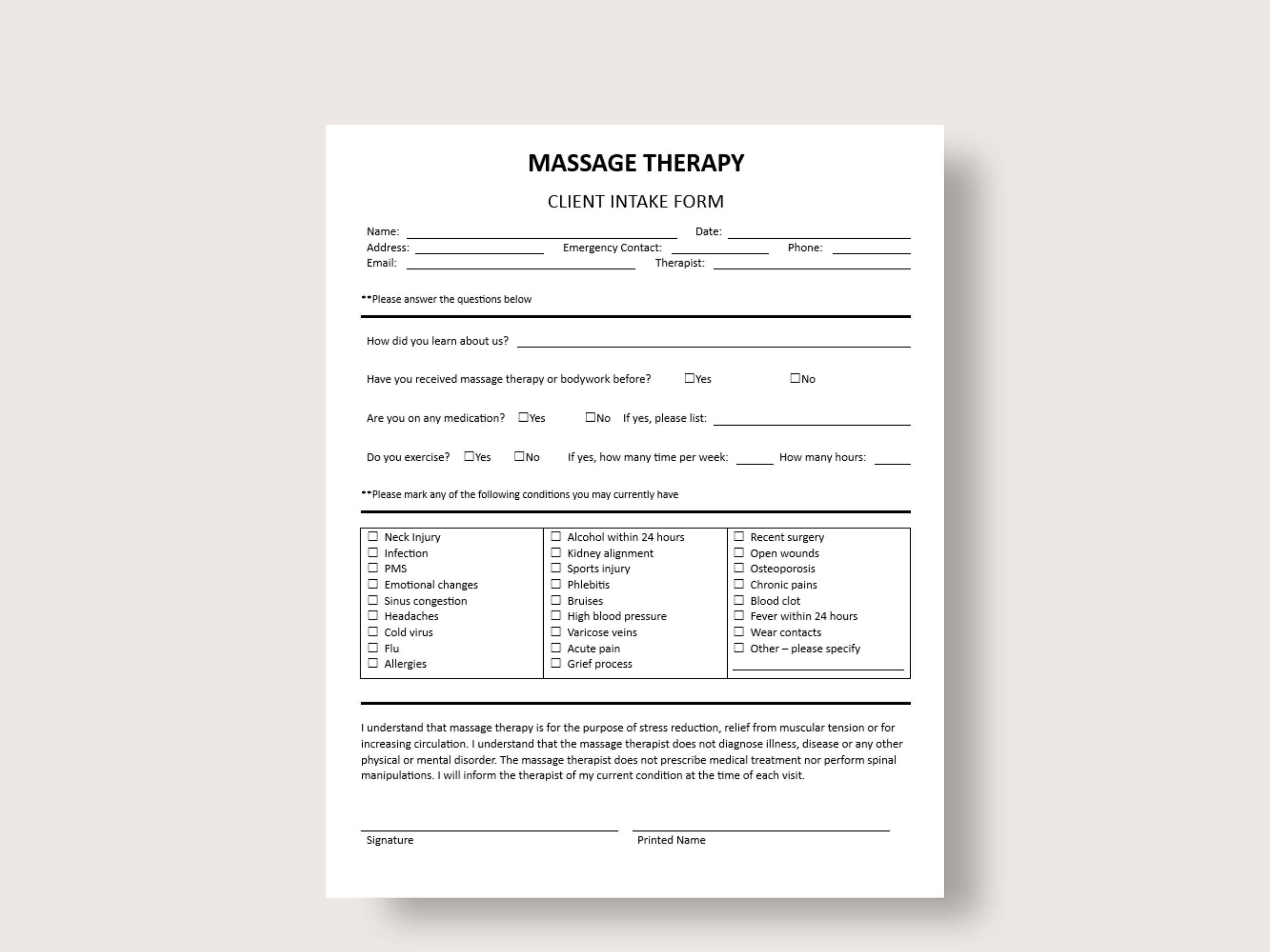 Massage Intake Form, Massage Consent Form, Massage Waiver, Massage ...