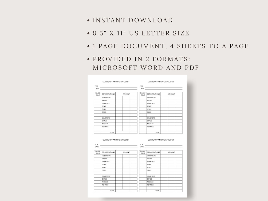 Cash Count Sheet, Cash Count Form, Cash Drawer Sheets, Closing Cash ...