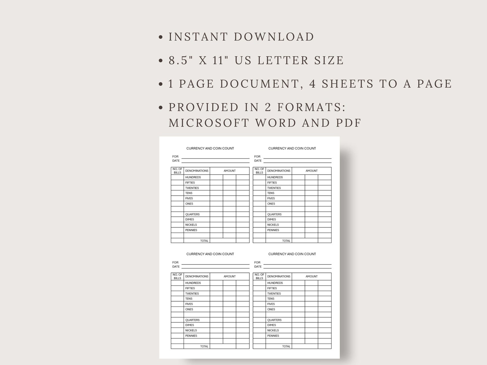 Cash Count Sheet, Cash Count Form, Cash Drawer Sheets, Closing Cash ...