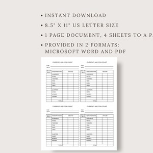 Cash Count Sheet, Cash Count Form, Cash Drawer Sheets, Closing Cash ...