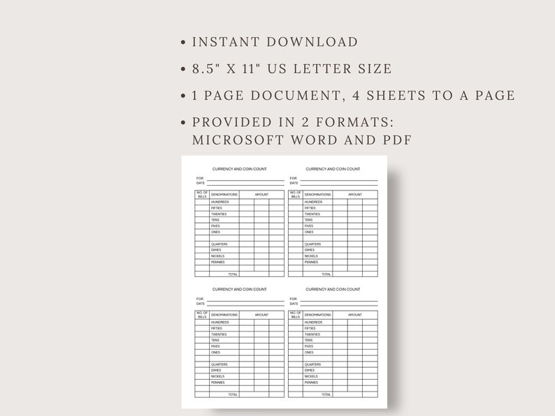 Cash Count Sheet, Cash Count Form, Cash Drawer Sheets, Closing Cash ...