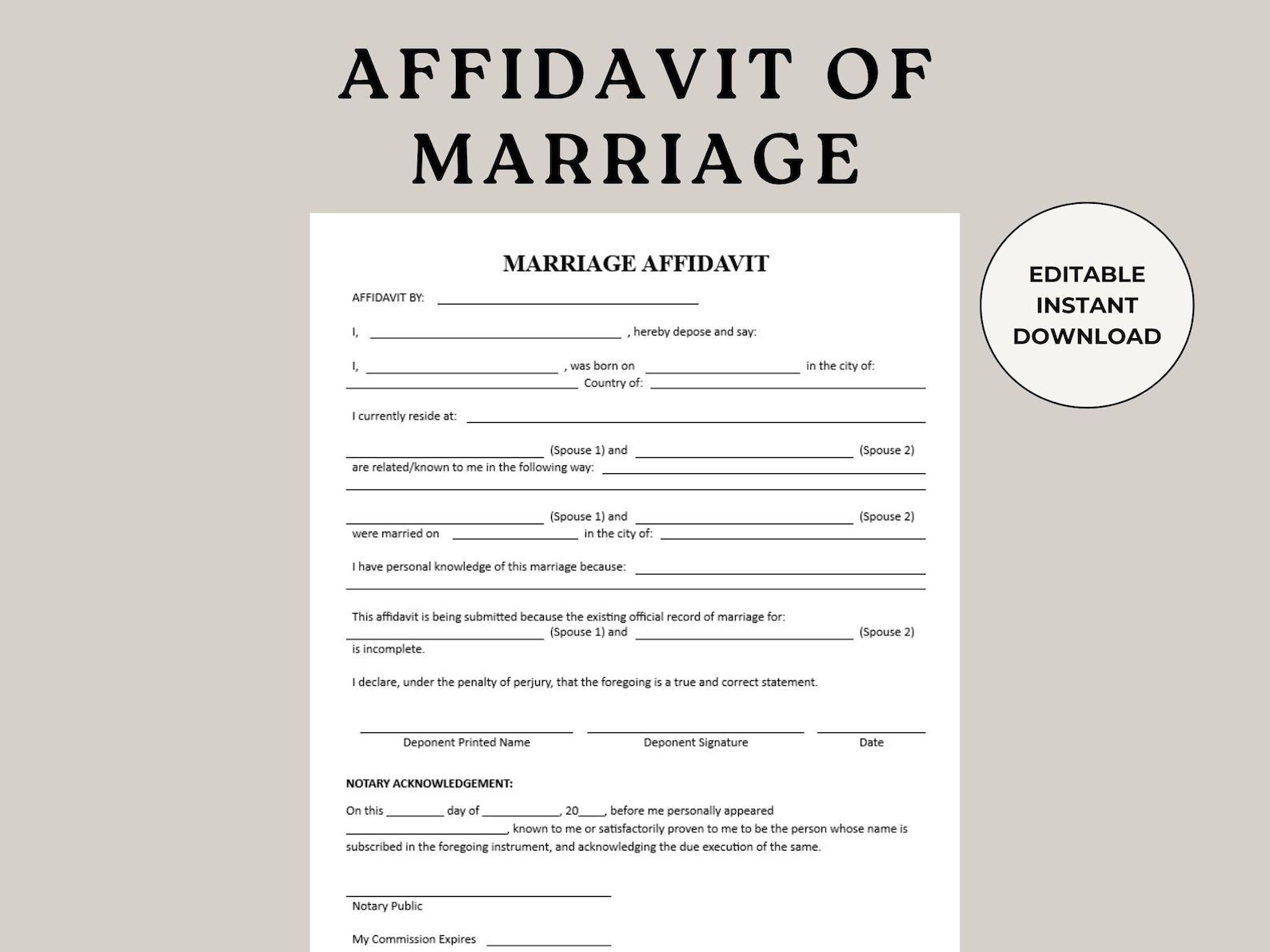Editable Affidavit of Marriage Template: US Letter (digital Download) - Etsy