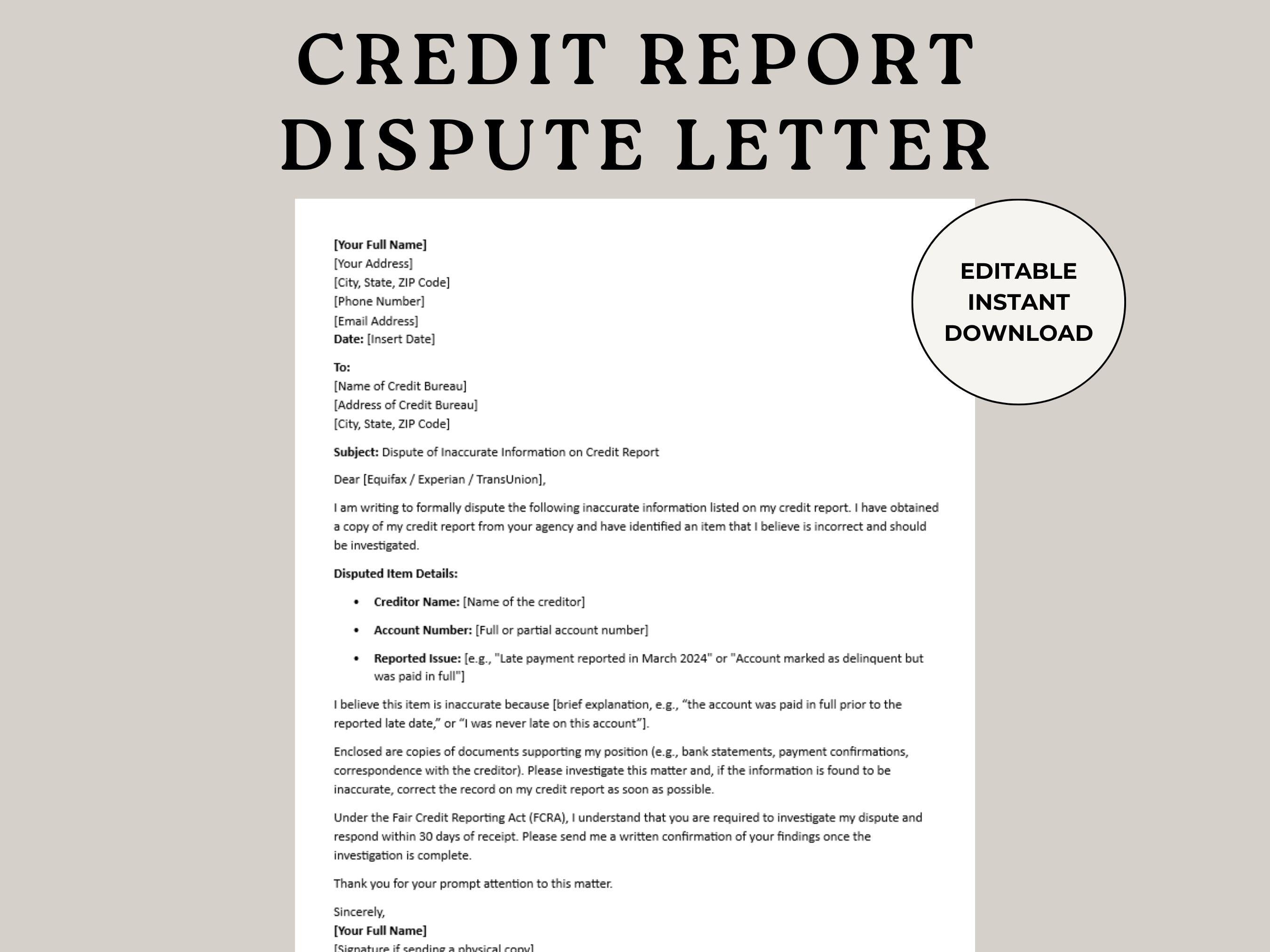 Credit Report Dispute Letter Template: DIY Credit Repair (PDF & Word ...