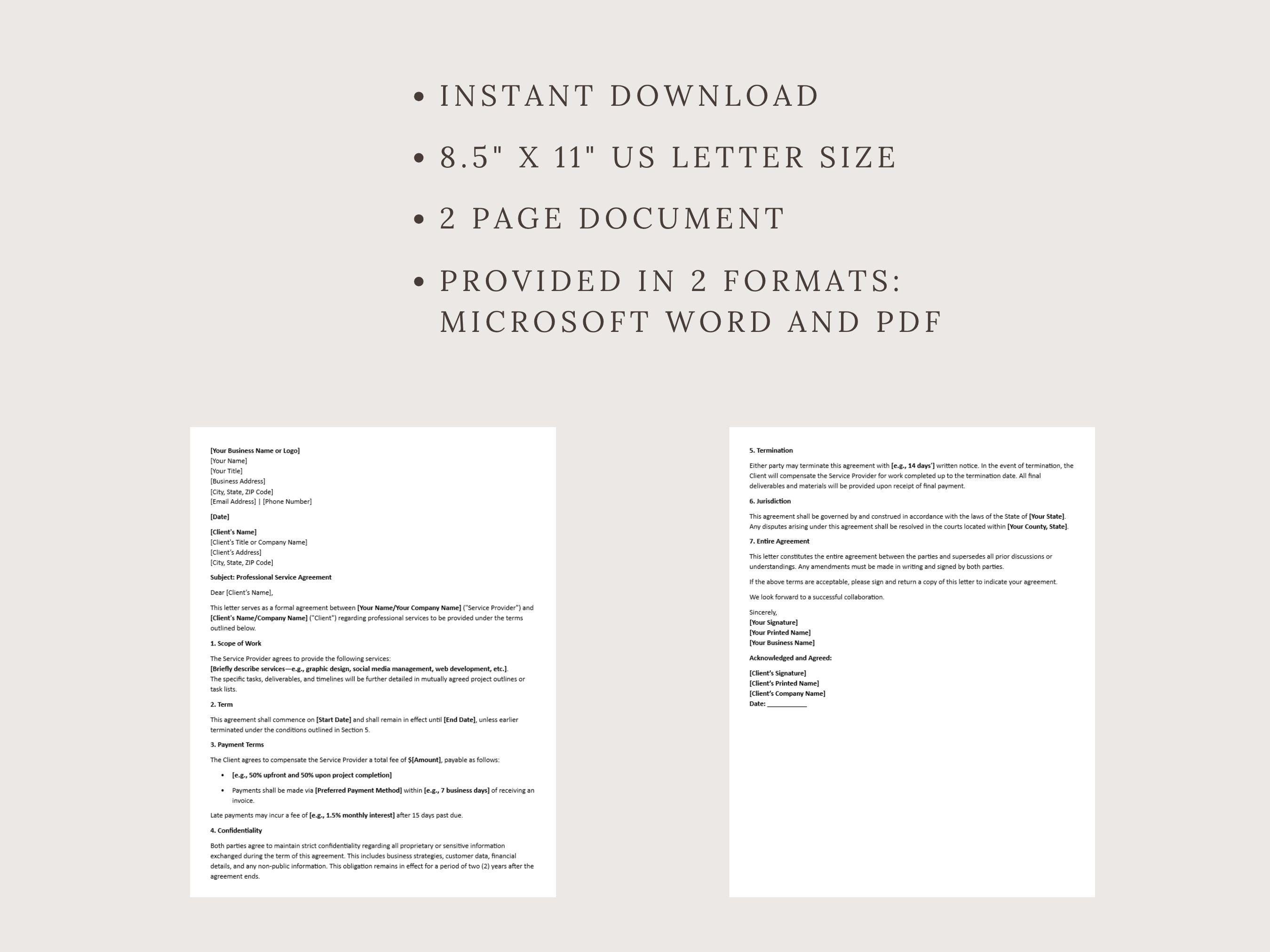 Professional Agreement Letter Template: Customizable Legal Contract ...