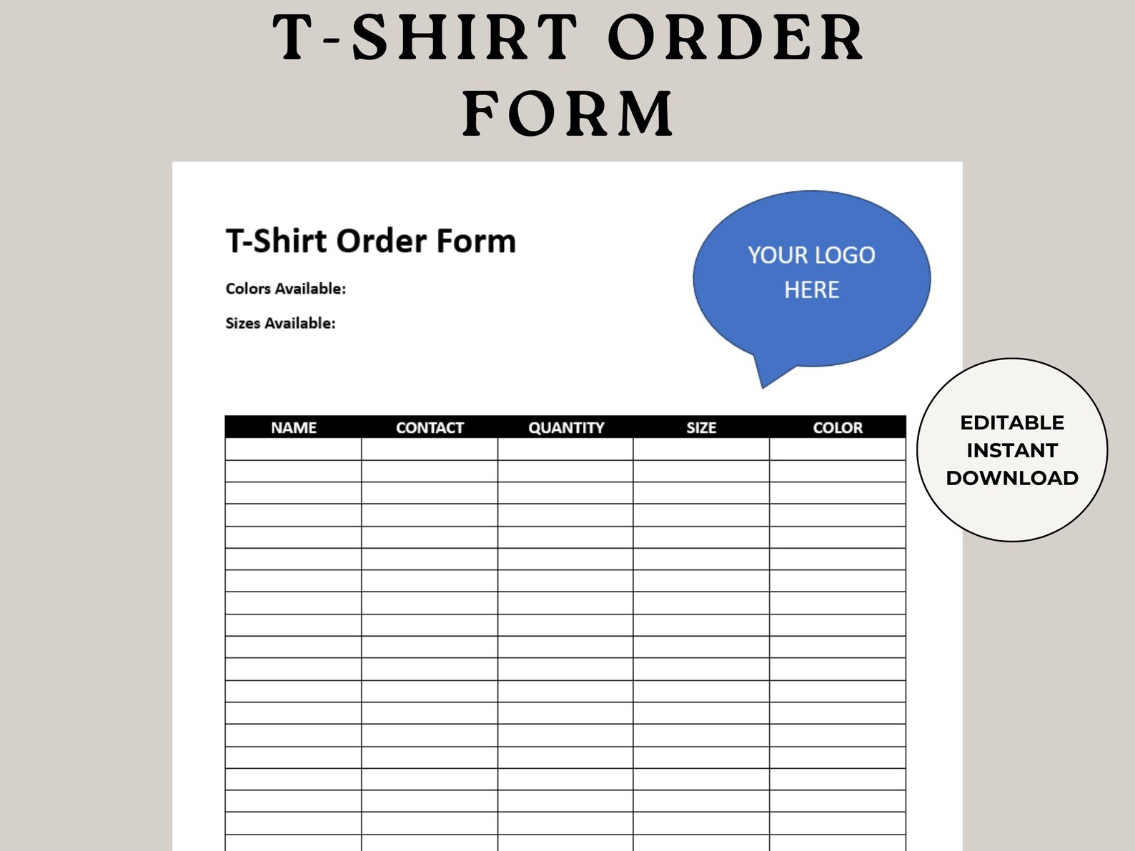 T-shirt Order Form, Customer Order Form, Apparel Order Form, Simple ...