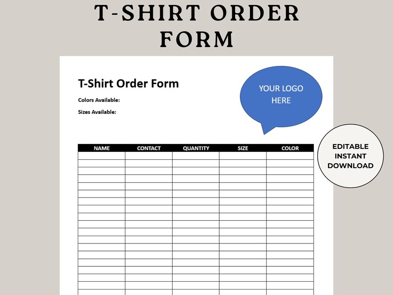 T-shirt Order Form, Customer Order Form, Apparel Order Form, Simple ...