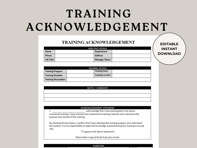 Training Acknowledgement Form: HR Employee Onboarding (digital Download ...