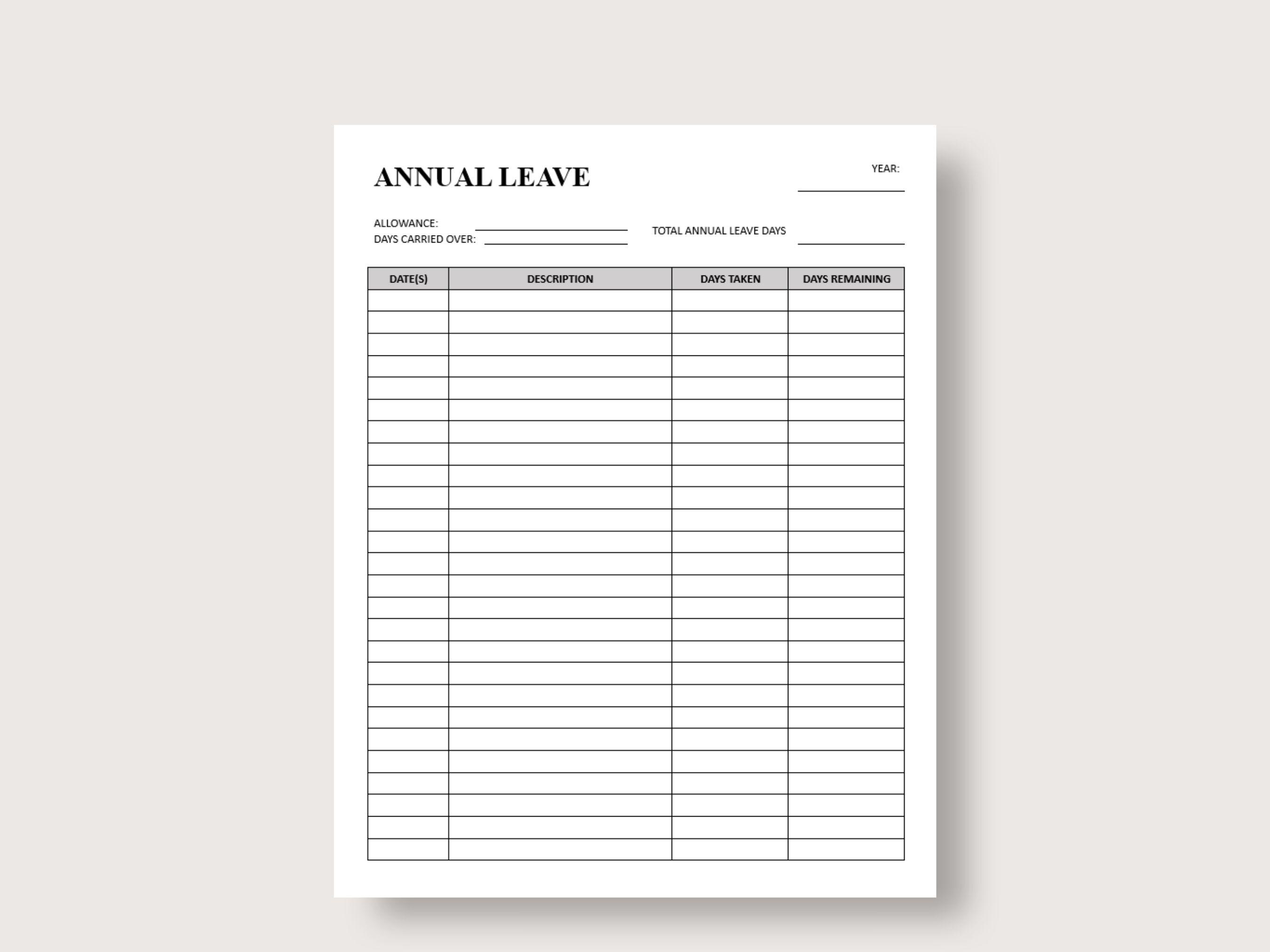 Annual Leave Tracker, Days off Printable, Leave Sheet, Leave Calendar ...