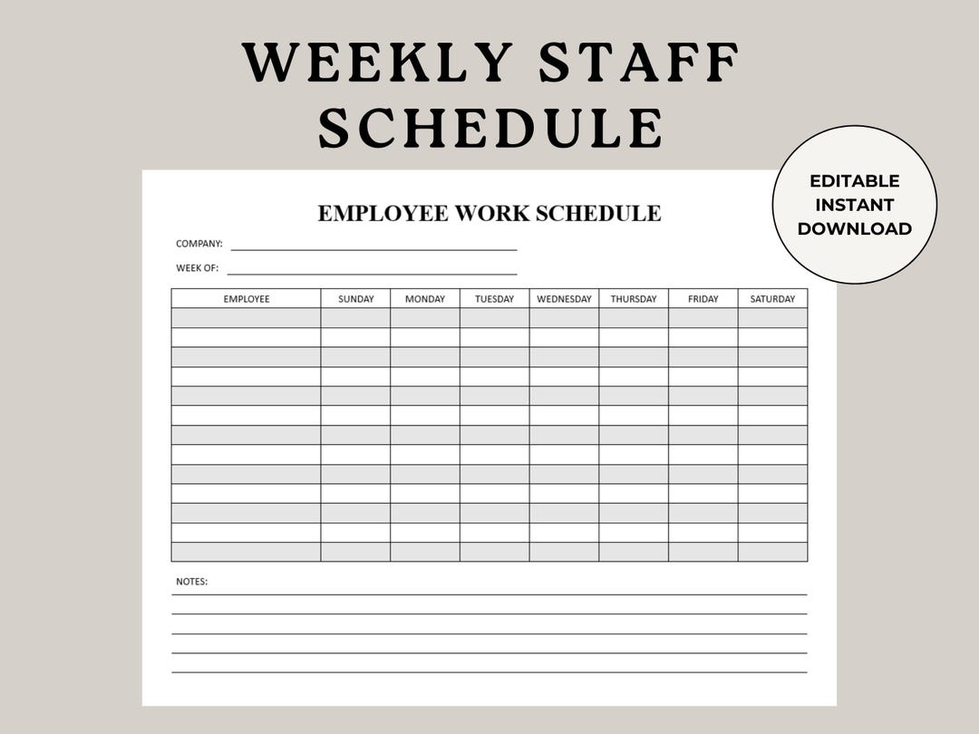 Weekly Staff Schedule Template: Editable Employee Shift Planner ...