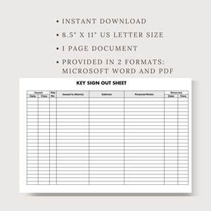 Key Sign Out Sheet: Key Control Log (digital Download) - Etsy