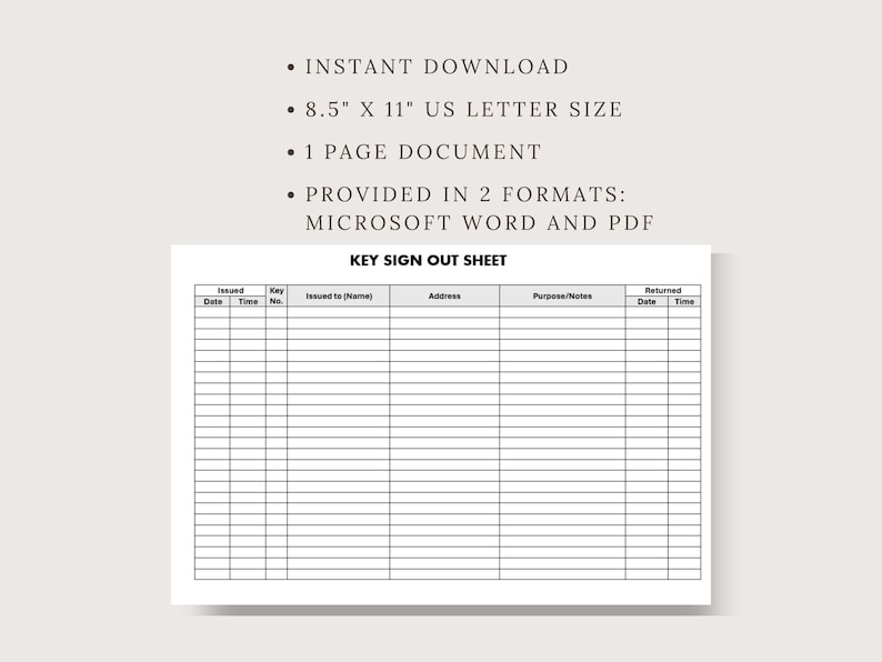 Key Sign Out Sheet: Key Control Log (digital Download) - Etsy Australia