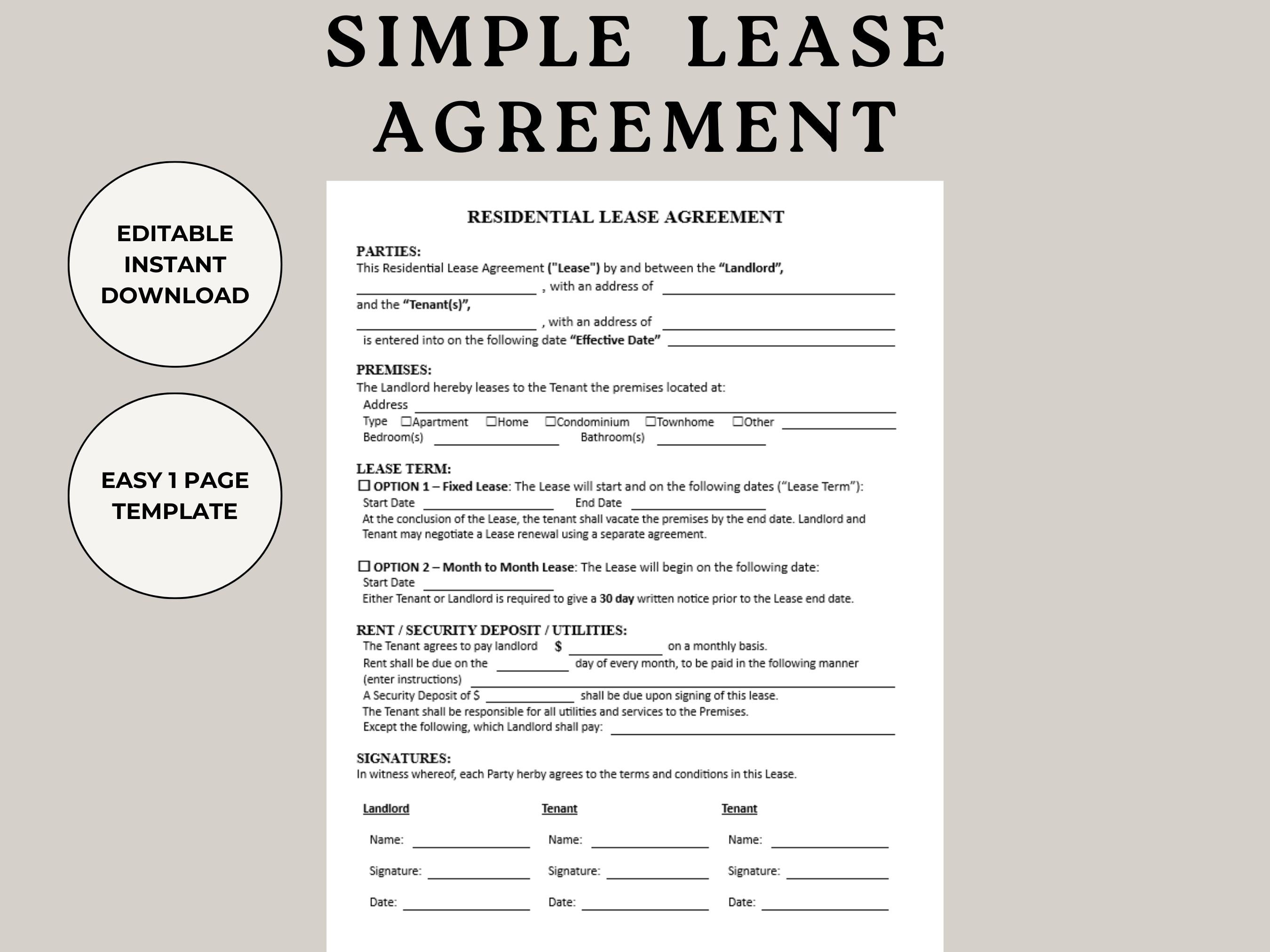Simple One Page Lease Agreement, Residential Lease, Landlord Tenant ...