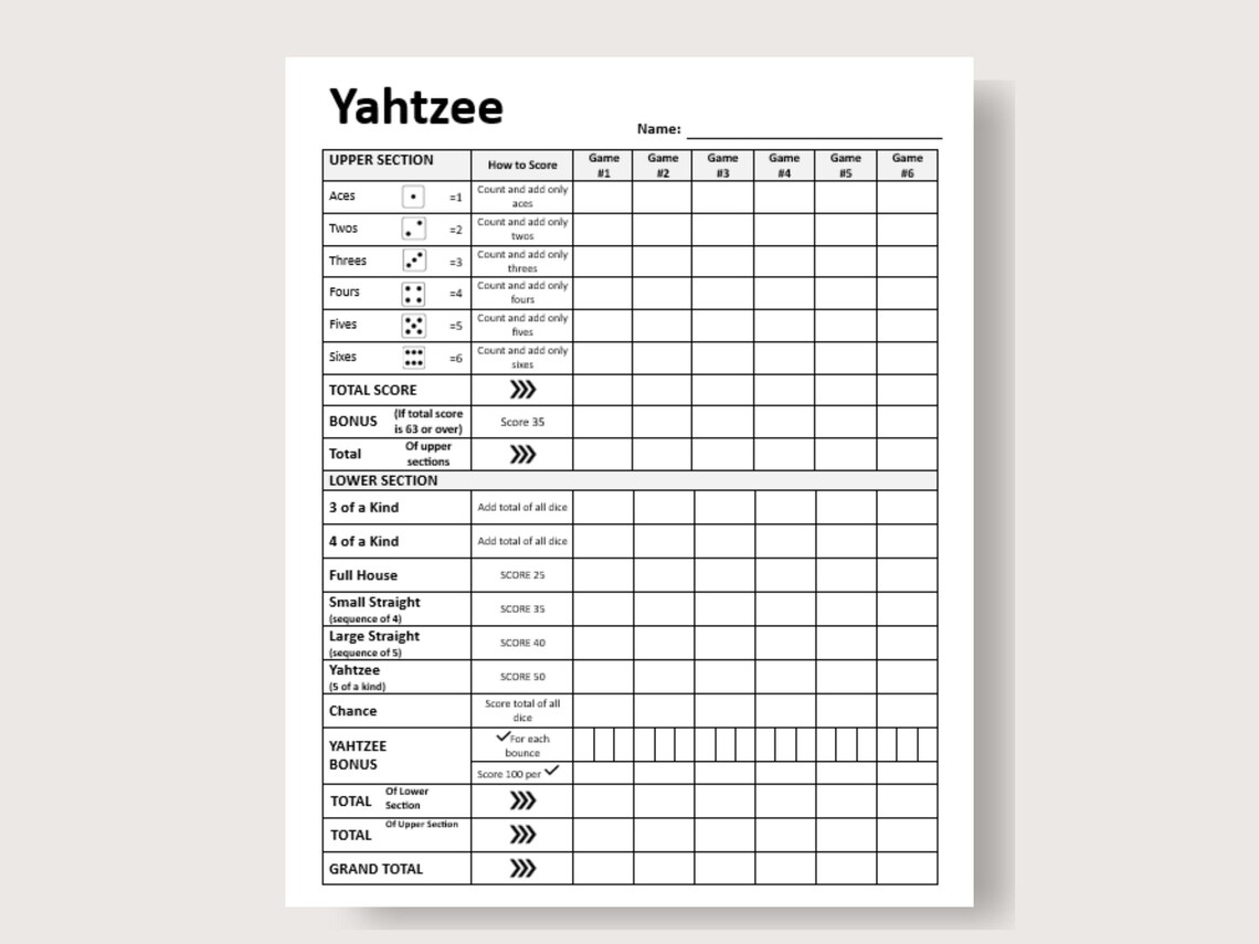 Yahtzee Score Sheet, Yahtzee Download, Yahtzee Printable, Yahtzee Score ...