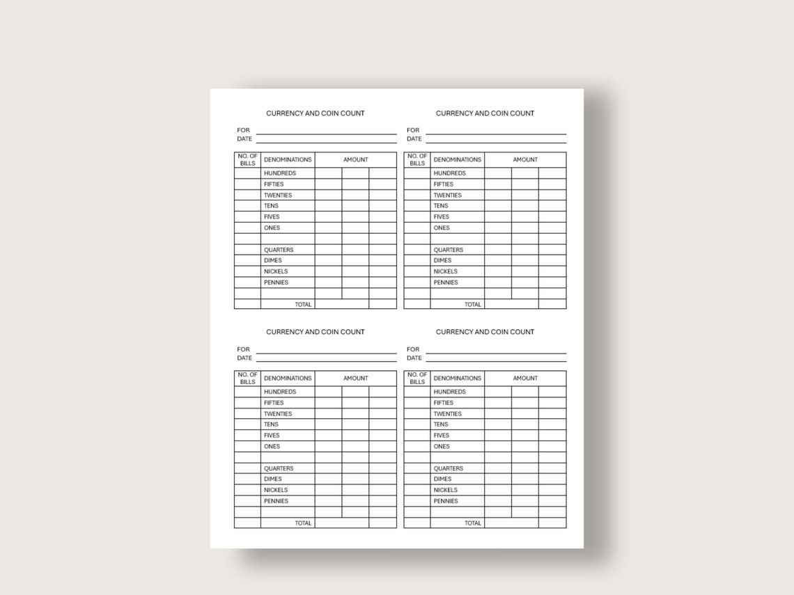 Cash Count Sheet, Cash Count Form, Cash Drawer Sheets, Closing Cash ...