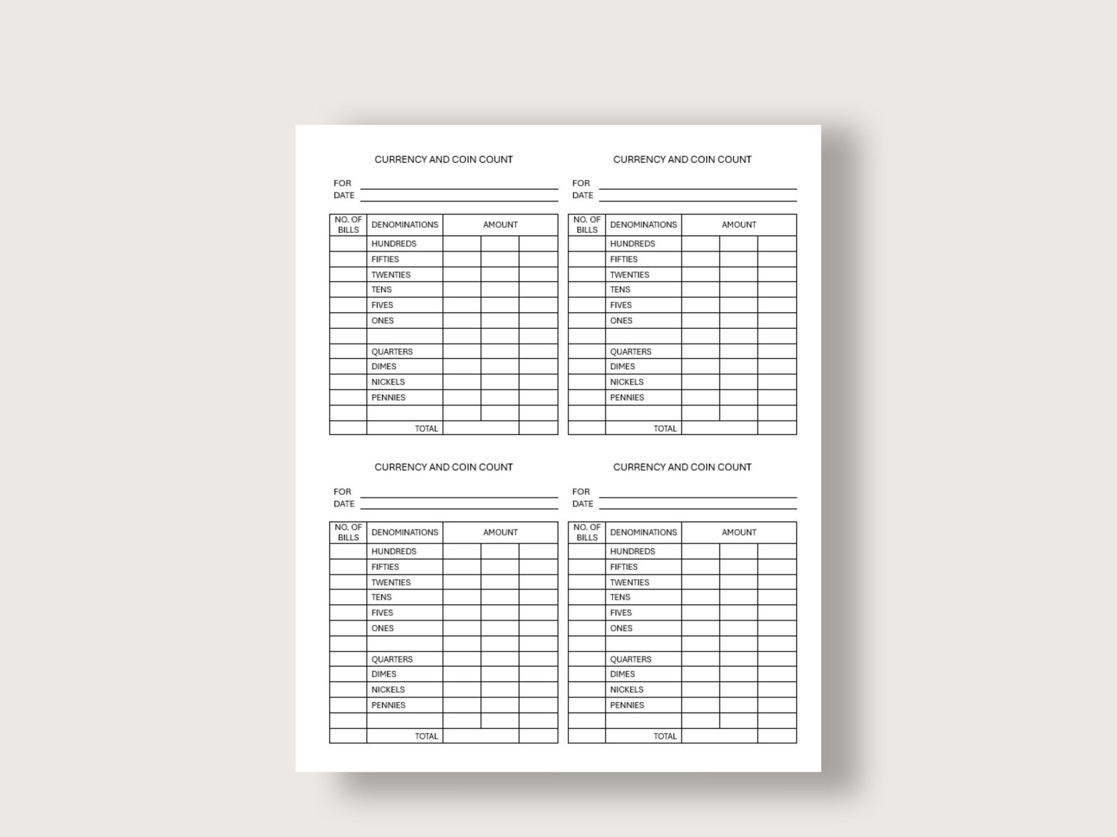 Cash Count Sheet, Cash Count Form, Cash Drawer Sheets, Closing Cash ...
