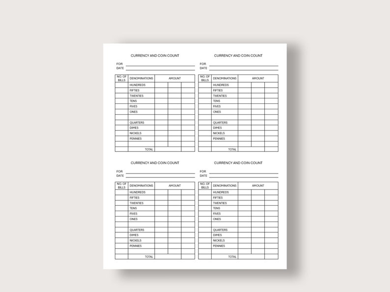 Cash Count Sheet, Cash Count Form, Cash Drawer Sheets, Closing Cash ...