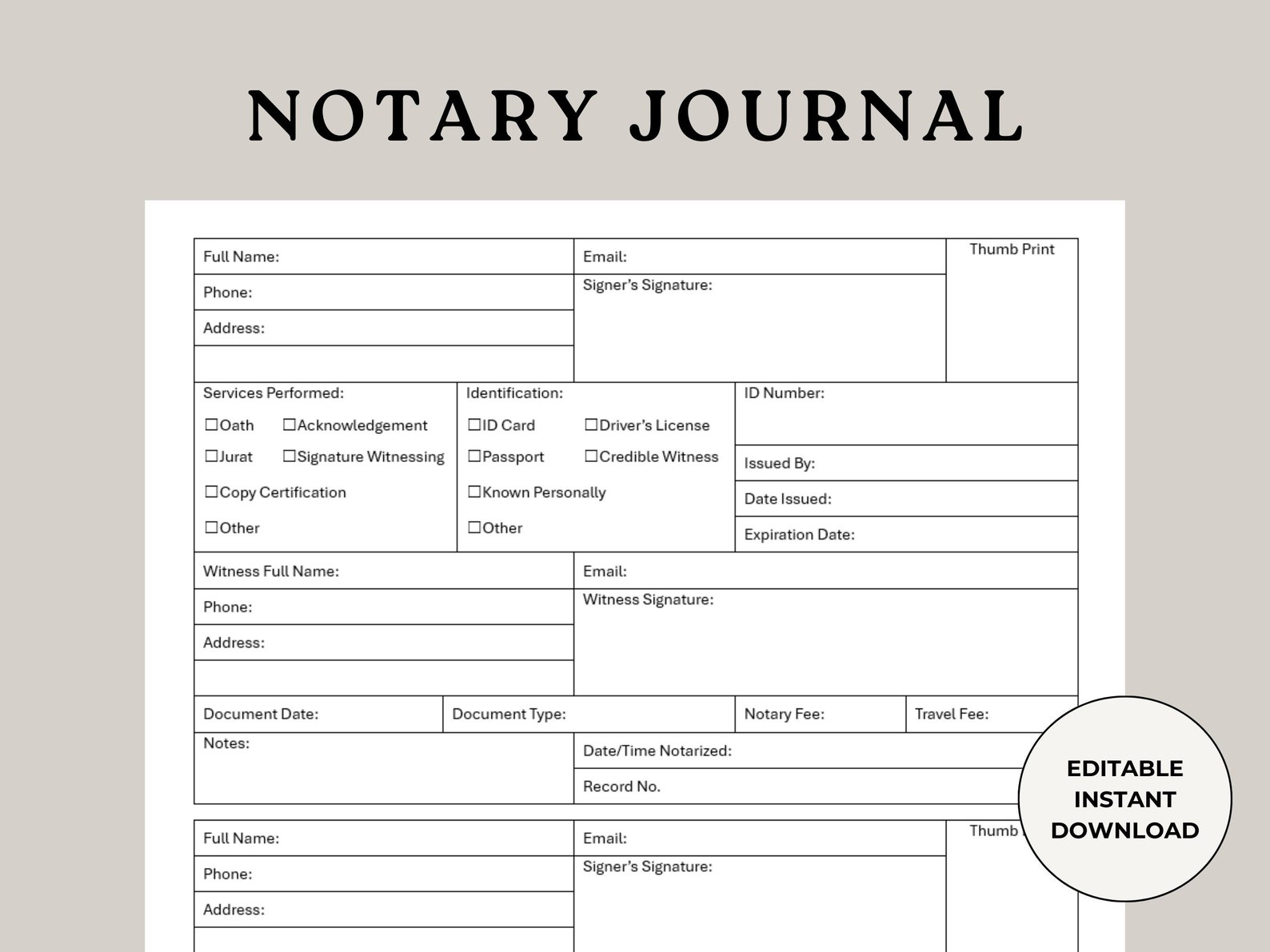 Notary Journal, Notary Work Log, Blank Notary Forms, Notary Ledger ...