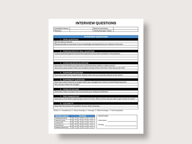 Interview Questions Template, Interviewing Form, Applicant Interview ...