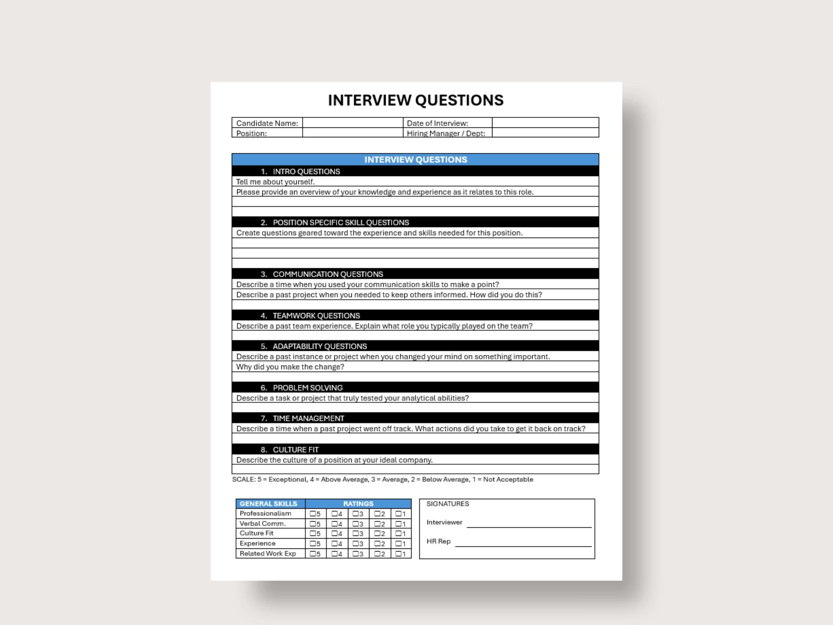 Interview Questions Template: HR Hiring Forms (digital Download, US ...