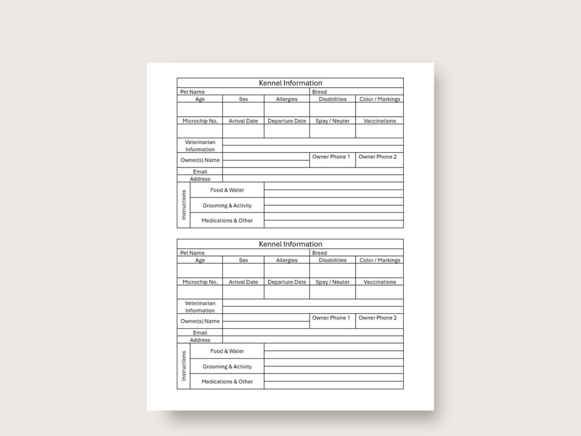 Veterinary Kennel Cage Card Template: Pet Care (digital Download, Pdf ...