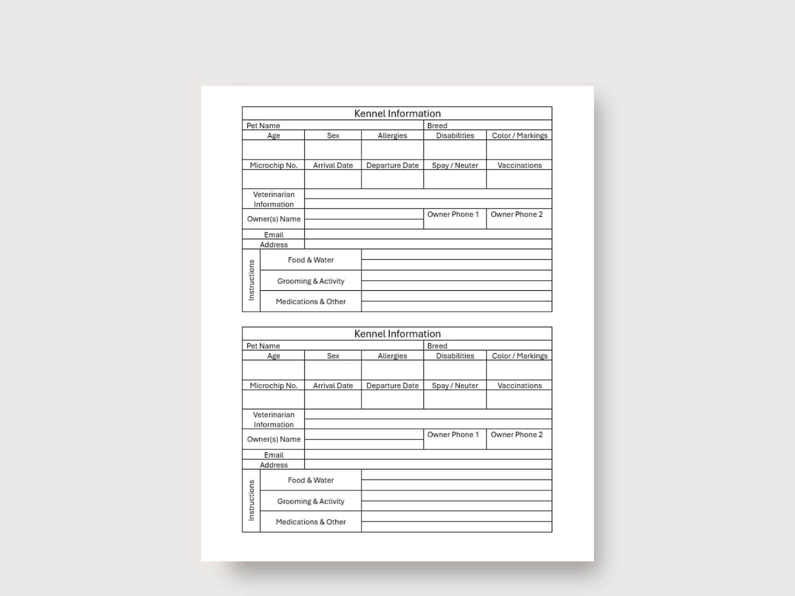 Veterinary Kennel Cage Card Template: Pet Care (digital Download, Pdf ...