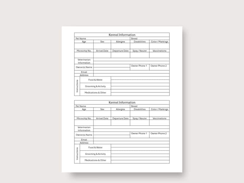 Veterinary Kennel Cage Card Template: Pet Care (digital Download, Pdf ...