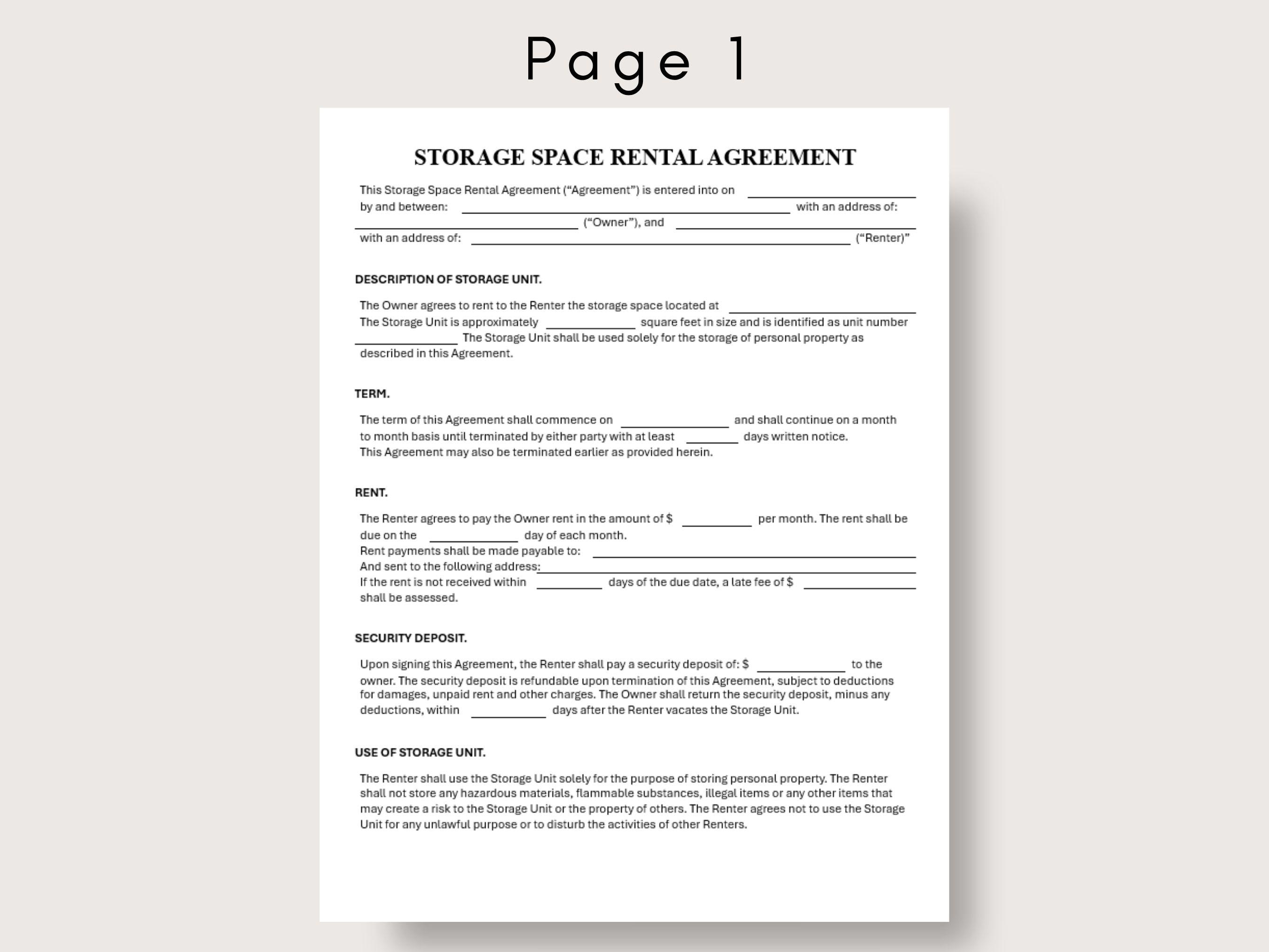 Storage Rental Agreement, Lease Form, Storage Unit, Self-storage ...