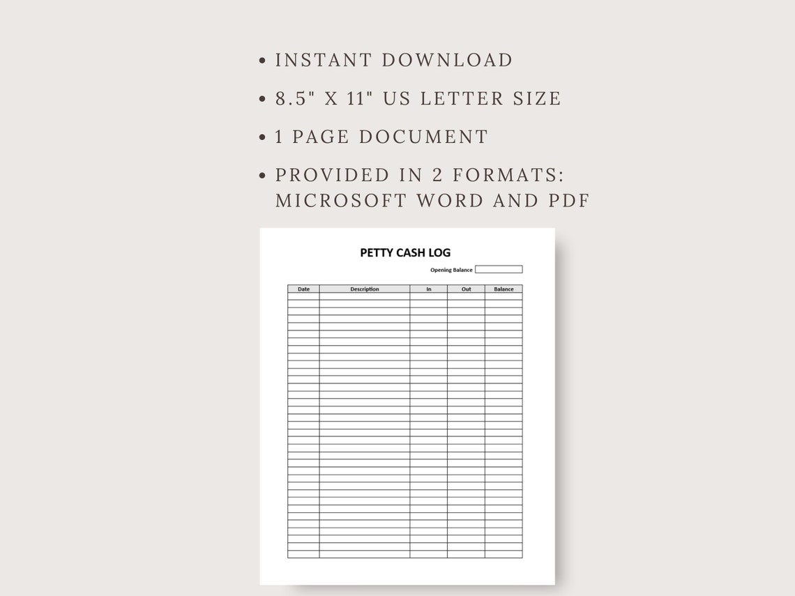 Petty Cash Log Template: Printable Accounting Ledger (PDF & Word) - Etsy