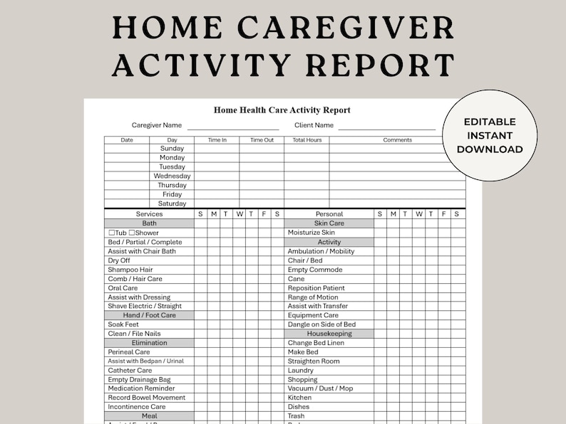Home Health Caregiver Activity Report, Elder Care Checklist, Caregiver ...