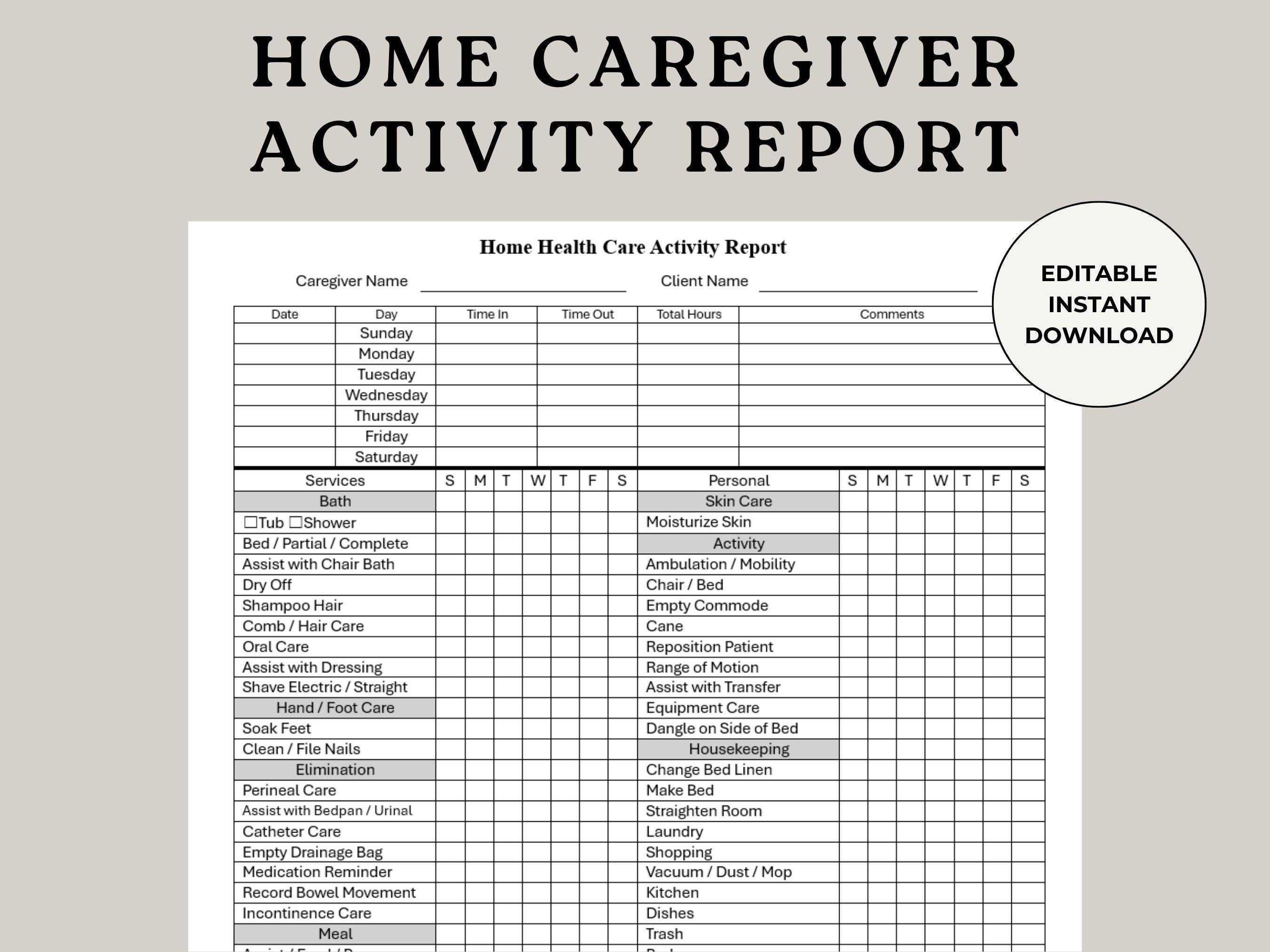 Home Health Caregiver Activity Report, Elder Care Checklist, Caregiver Timecard, Caregiver Task ...