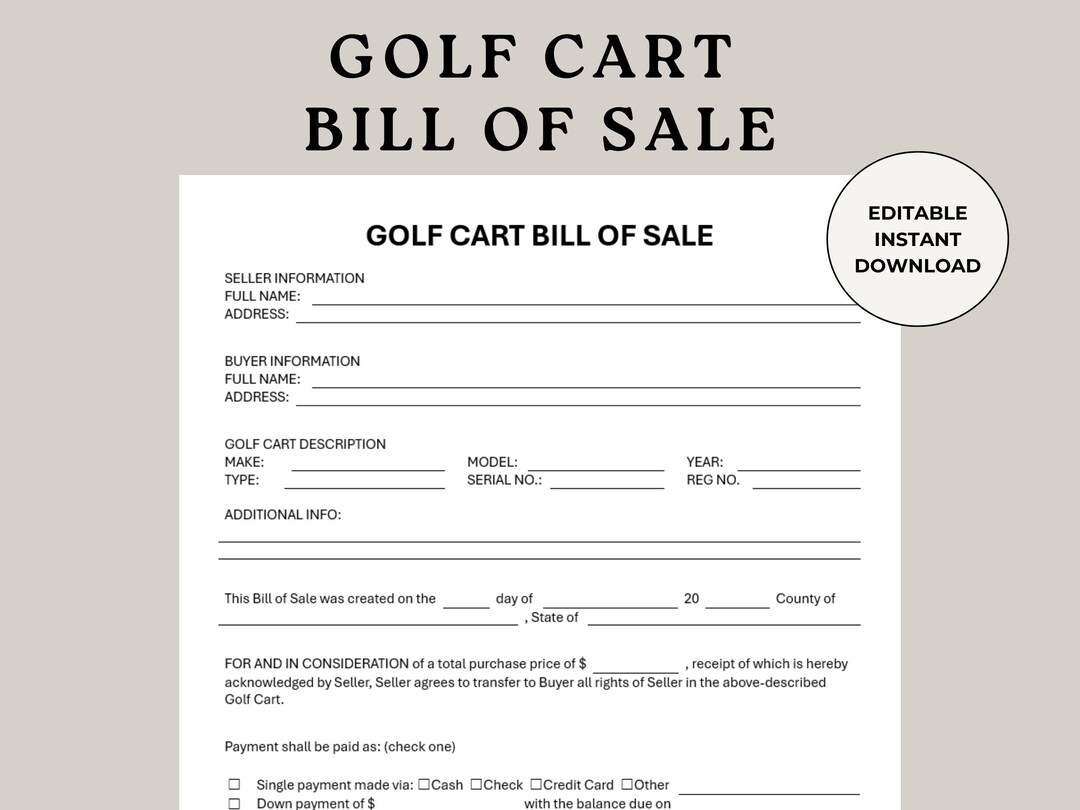 Golf Cart Bill of Sale, Bill of Sale Form, Sales Agreement, Vehicle ...