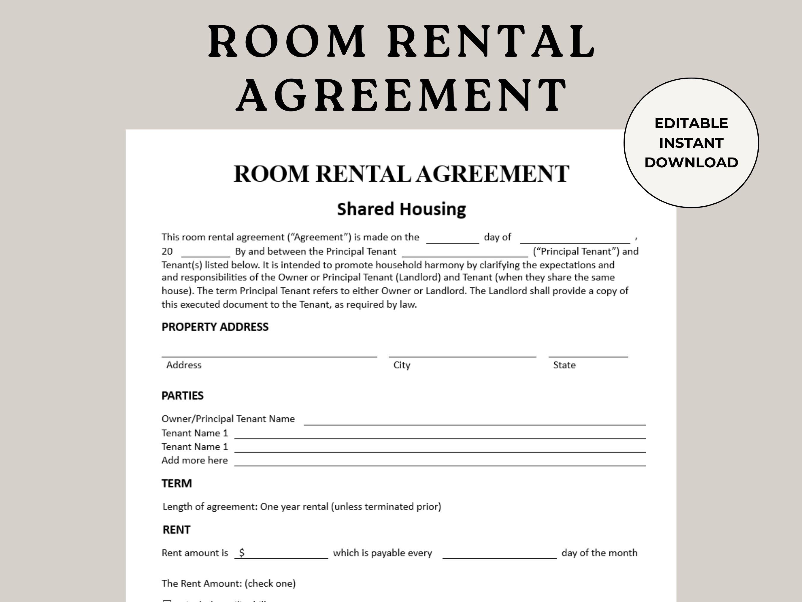 Room Rental Contract, Room Rental Form, Landlord Sheet, Roommate ...