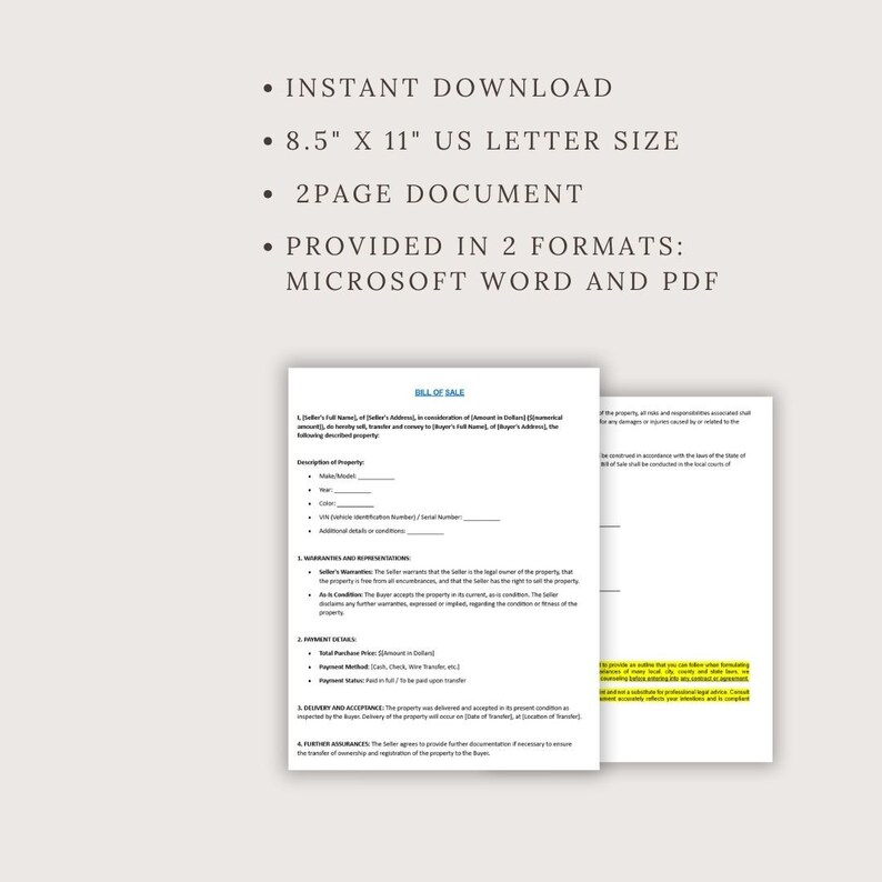 Bill of Sale, Bill of Sale Template, Vehicle Bill of Sale, Car Sale ...