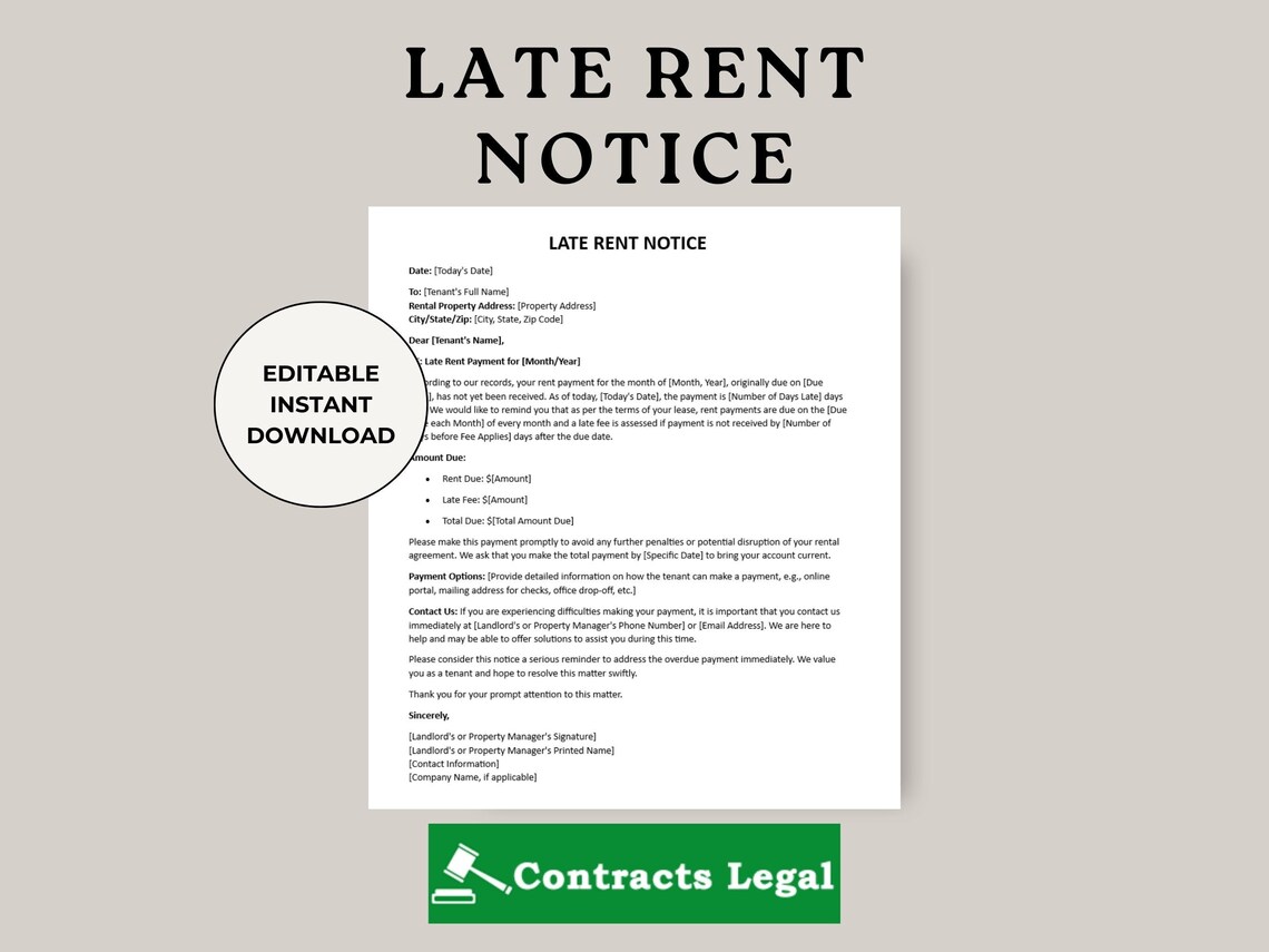 Late Rent Notice, Late Rent Letter, Landlord Template, Rental Agreement ...