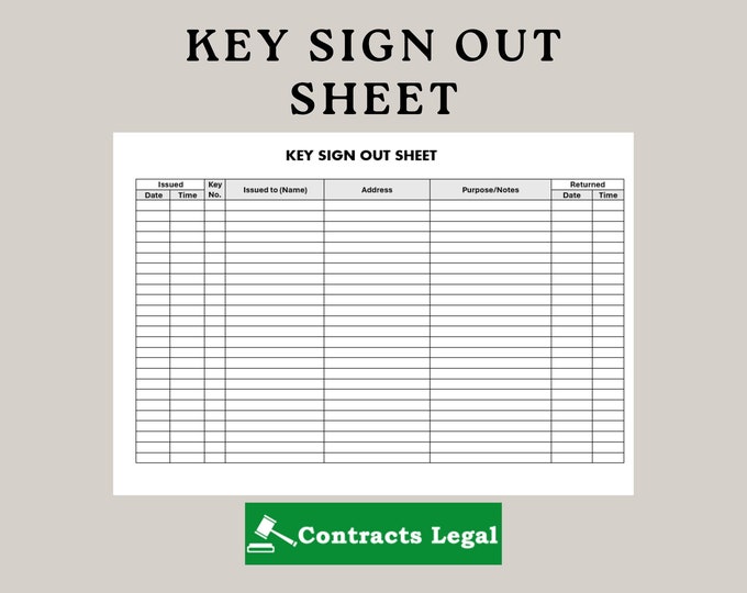 Key Sign Out Sheet, Key Sigh Out Log, Sign in Out Form, Equipment Key ...