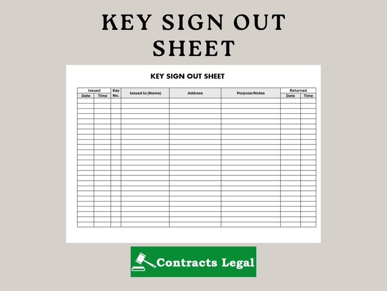Key Sign Out Sheet, Key Sign Out Log, Key Control Sheet, Equipment Key ...
