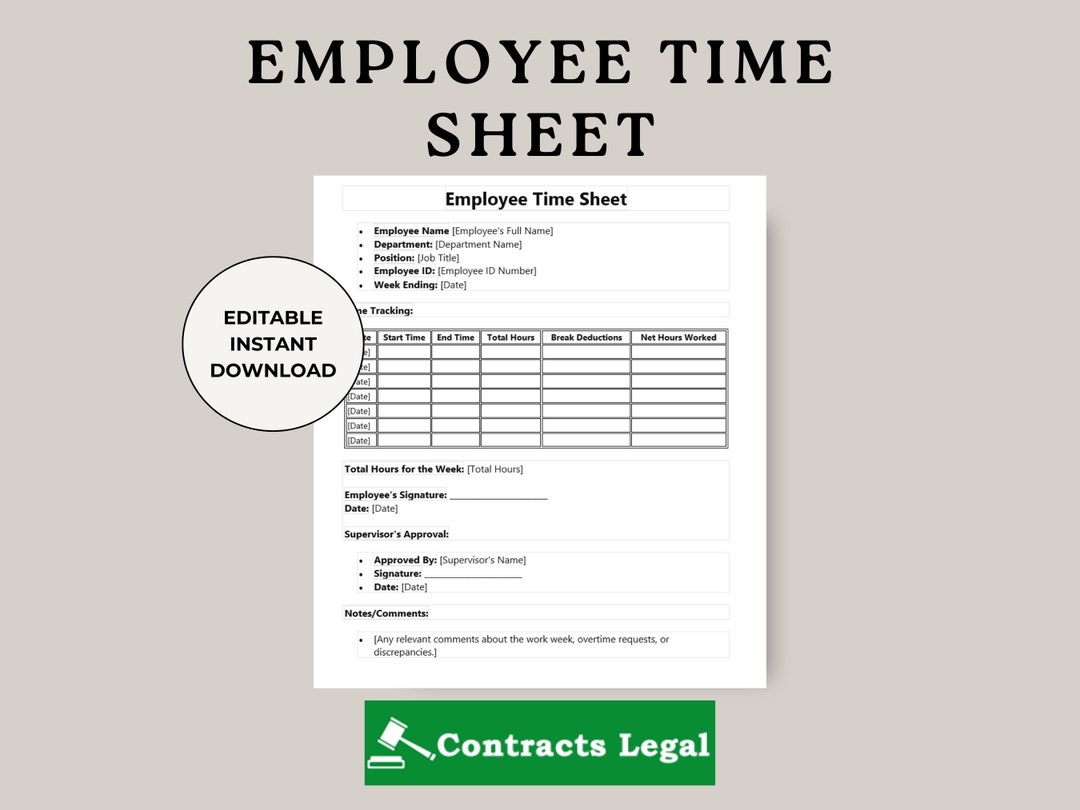 Employee Time Sheet, Editable Time Sheet, Employee Time Tracker, Time ...